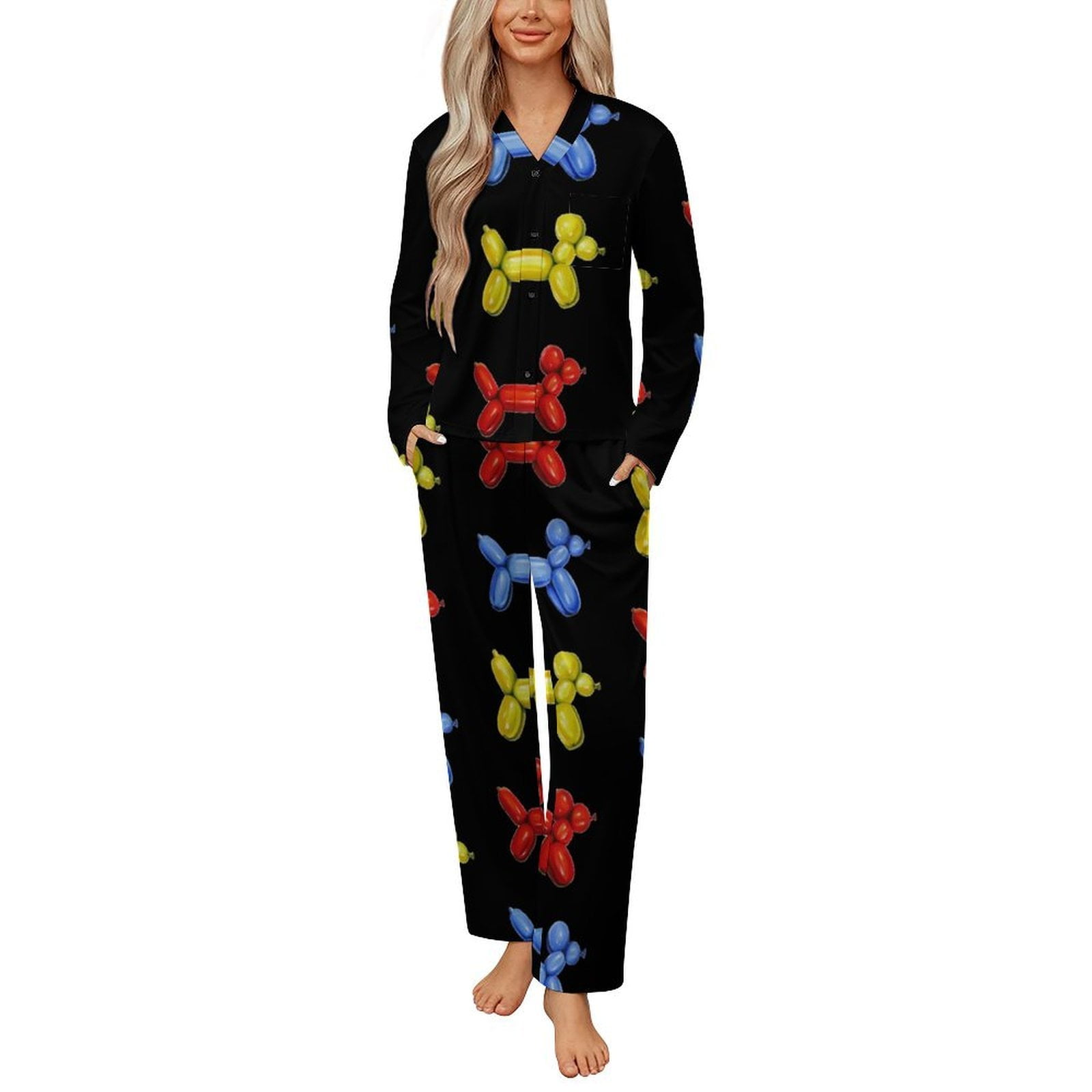 Balloon Dogs, Black Background Womens Pyjamas Set Button Up Pyjamas ...
