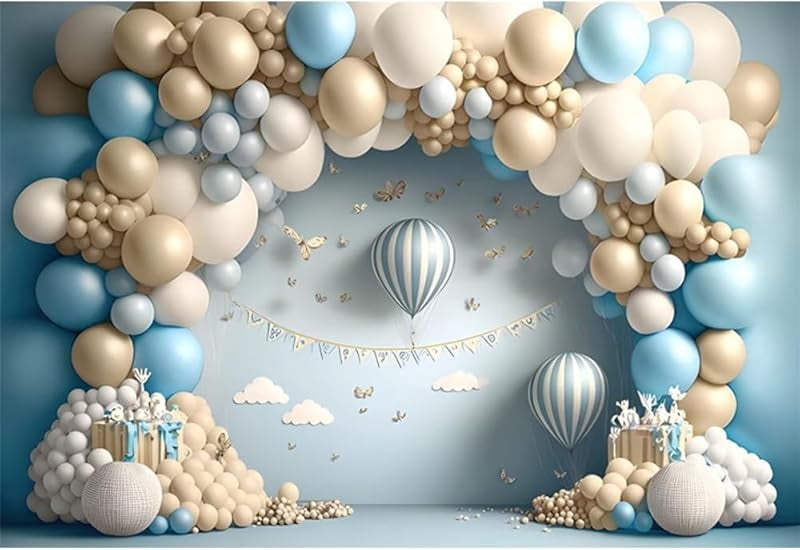 Balloons Backdrop for Boys 1st Birthday Party White Blue Hot Air ...