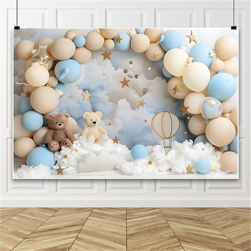 Balloons Bears Backdrop Baby Shower Photography Backdrop White Cloud ...