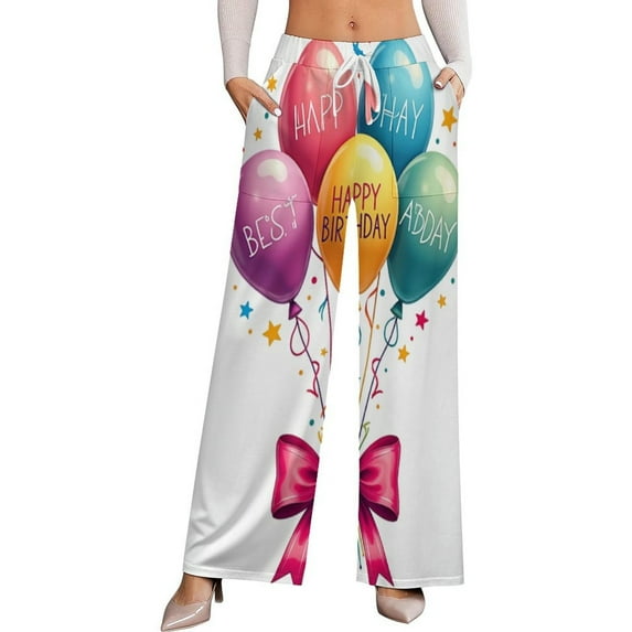 Balloons Bow, Happy Birthday! Women's Casual Wide Leg Pants Comfort ...