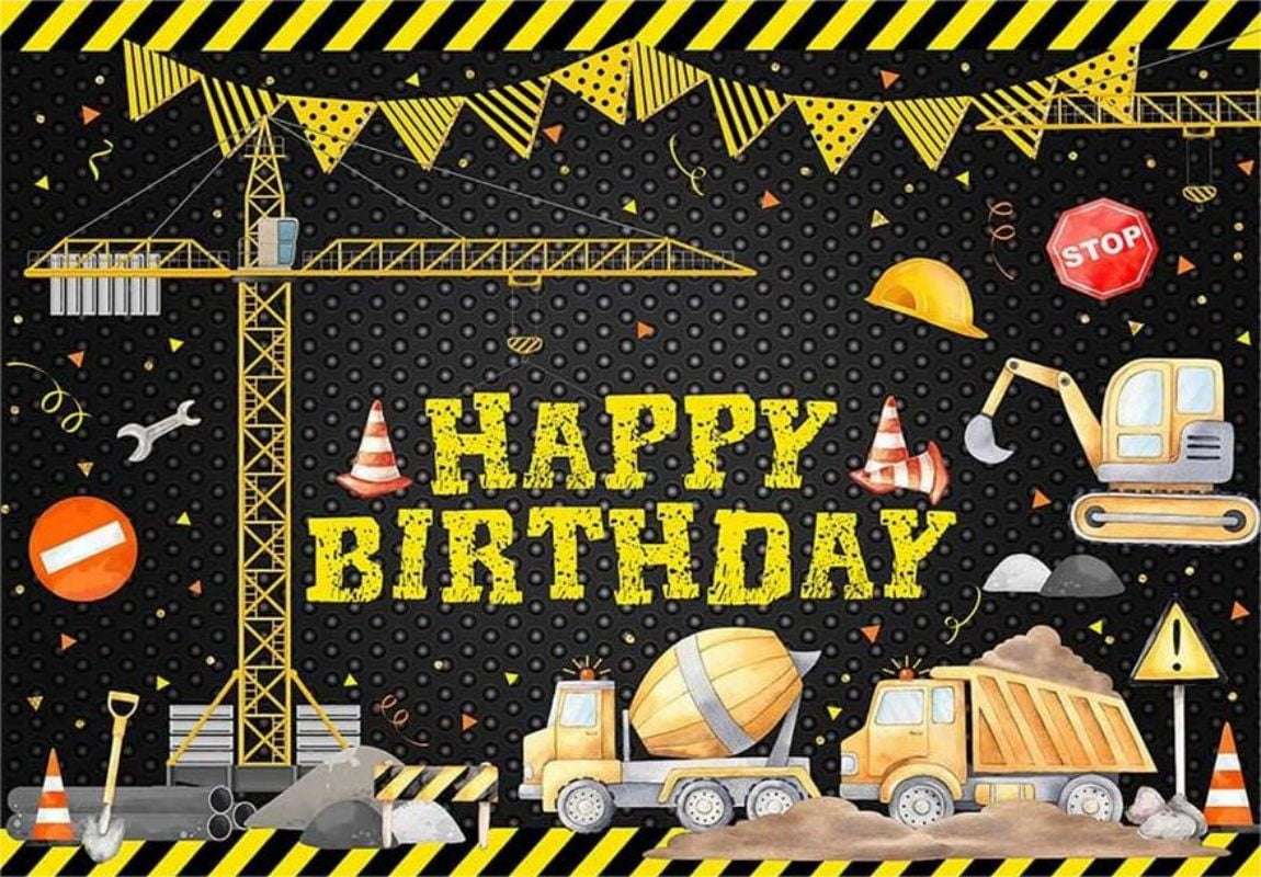 Balloons Excavator Birthday Party Backdrop Construction Theme Crane Boy ...