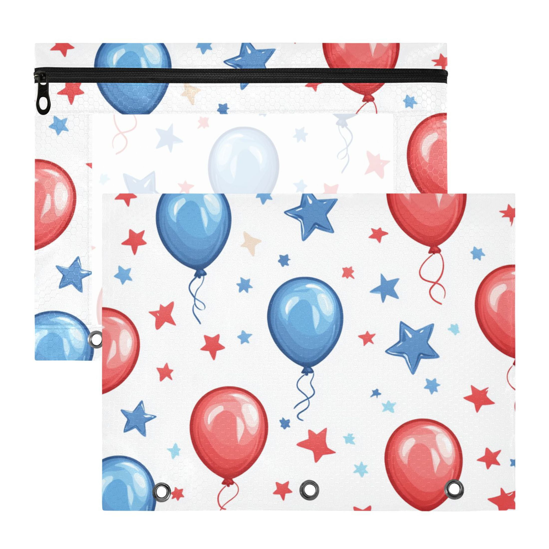 Balloons Stars Independence Day 3-Ring Binder Pouches A4 Size Zipper Pocket File Storage 2 Packs ...