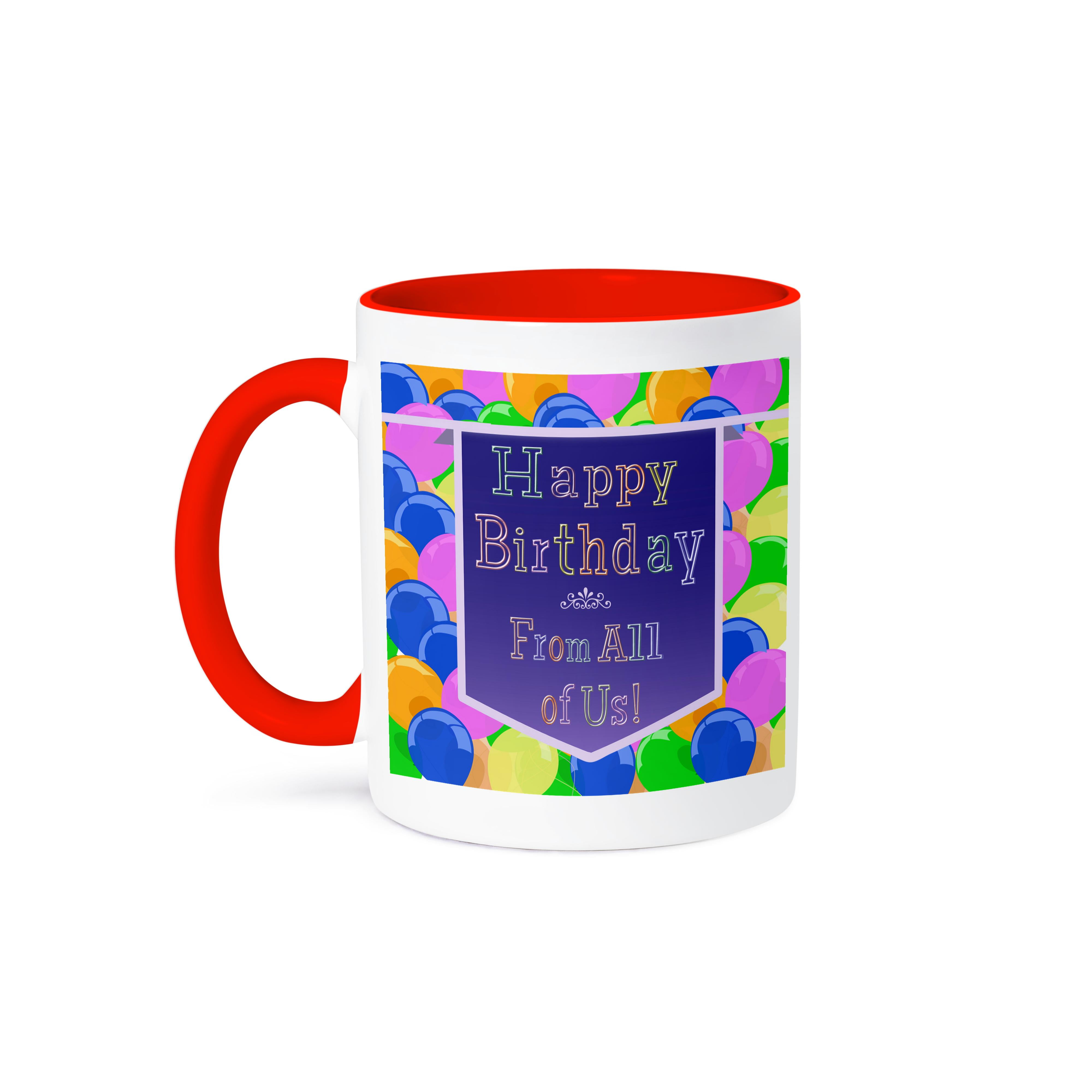 3dRose, Balloons with Purple Banner Happy Birthday From All of Us, 15oz Two-Tone Red Mug ...