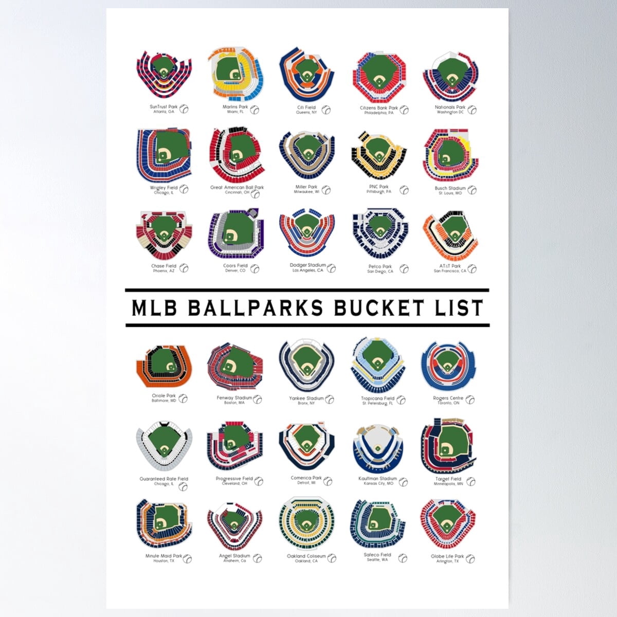 Ballpark Bucket List Poster Wall Art, Modern Wall Decor, 24x36 UNFRAMED ...