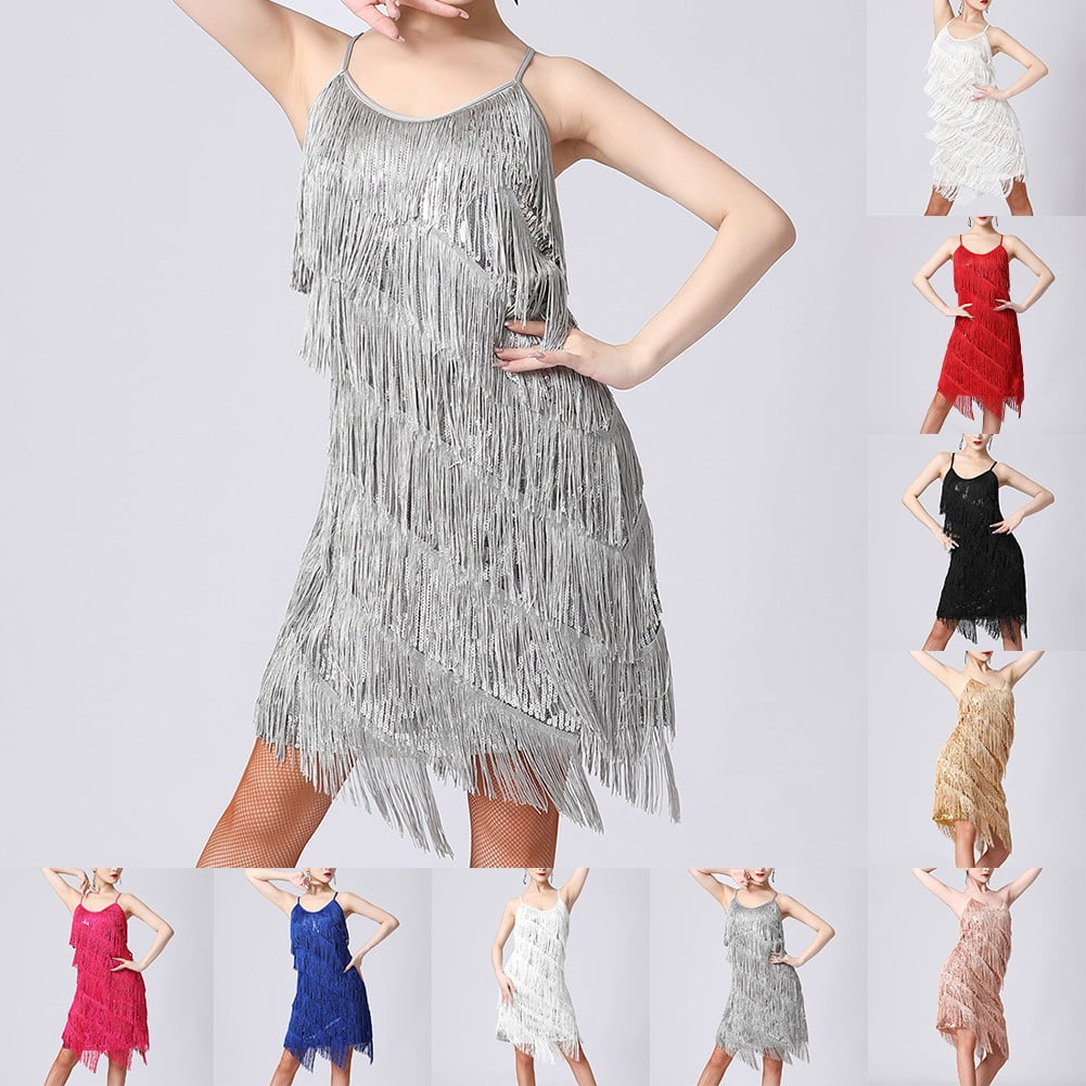 Ballroom Dance Woman Sequin Dress Shiny Latin Dance Dress Female Samba Tango Silver M YIWEI ...