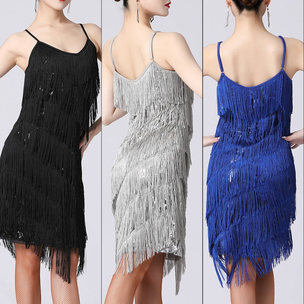 Ballroom Dance Woman Sequin Dress Shiny Latin Dance Dress Female Samba Tango Silver XL YIWEI ...