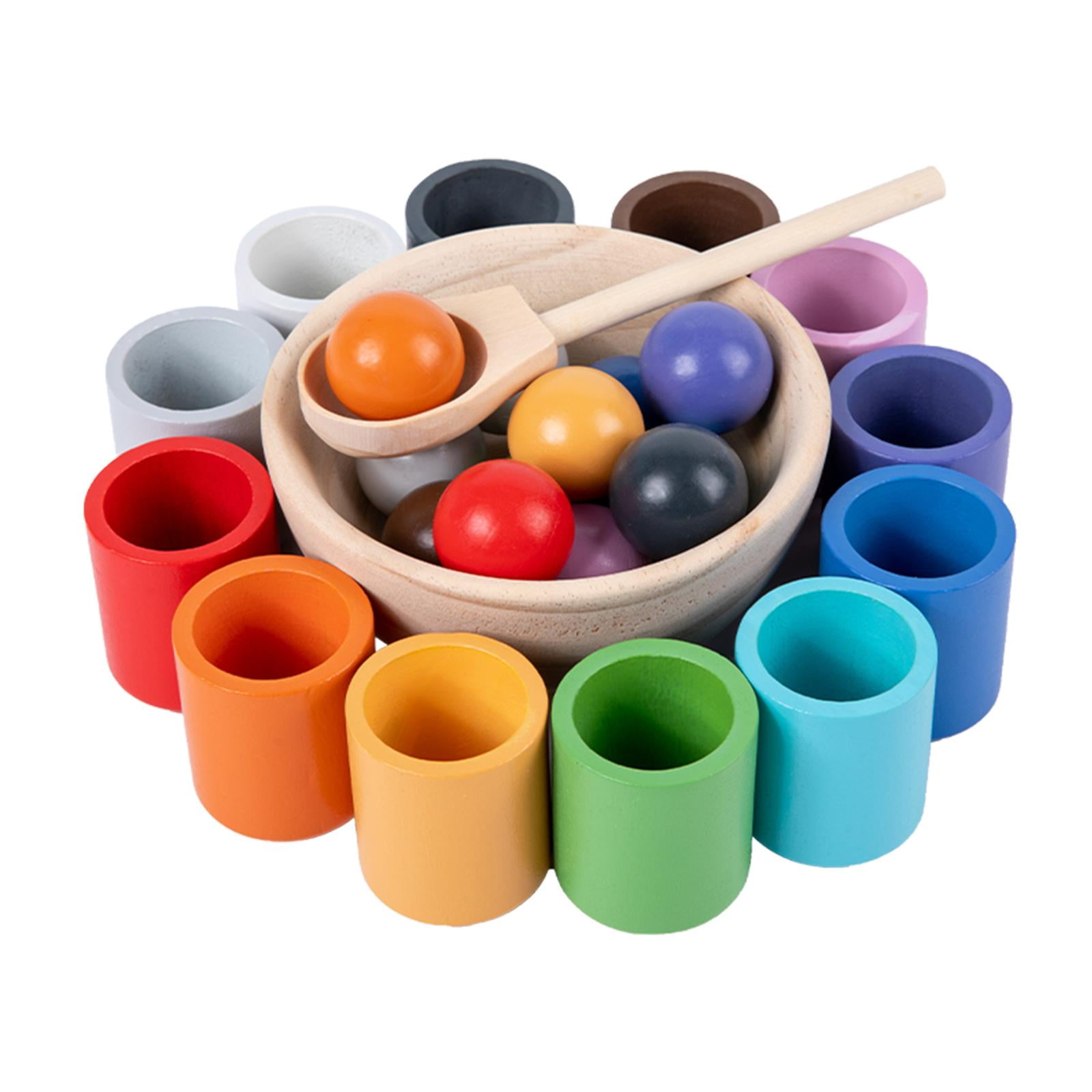 Balls in Cups Montessori Toy,Wooden Color Sorting Toys,12 Rainbow Ball ...
