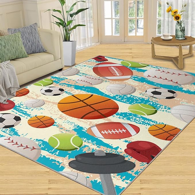 Balls Football Baseball Rug, Sports Theme Background Area Rugs For ...