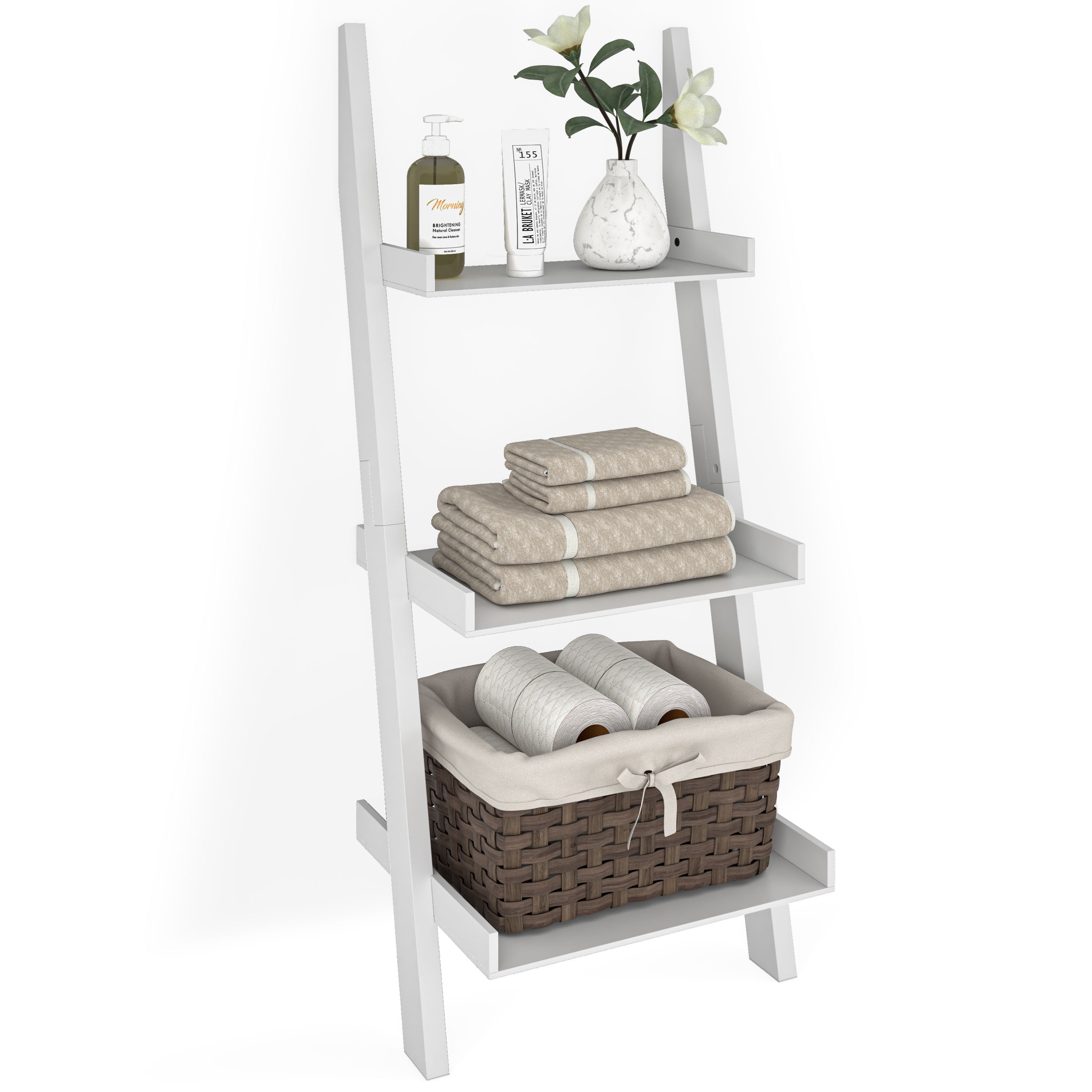Ballucci 3-Tier Storage Ladder Shelf Bookcase, Wood Leaning Ladder ...