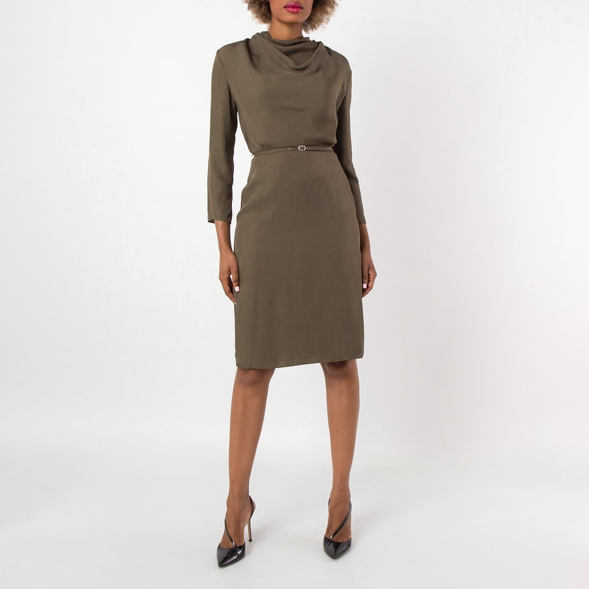 Bally Military Green Cowl-Neck Belted Midi Dress, Brand Size 44 ( US ...
