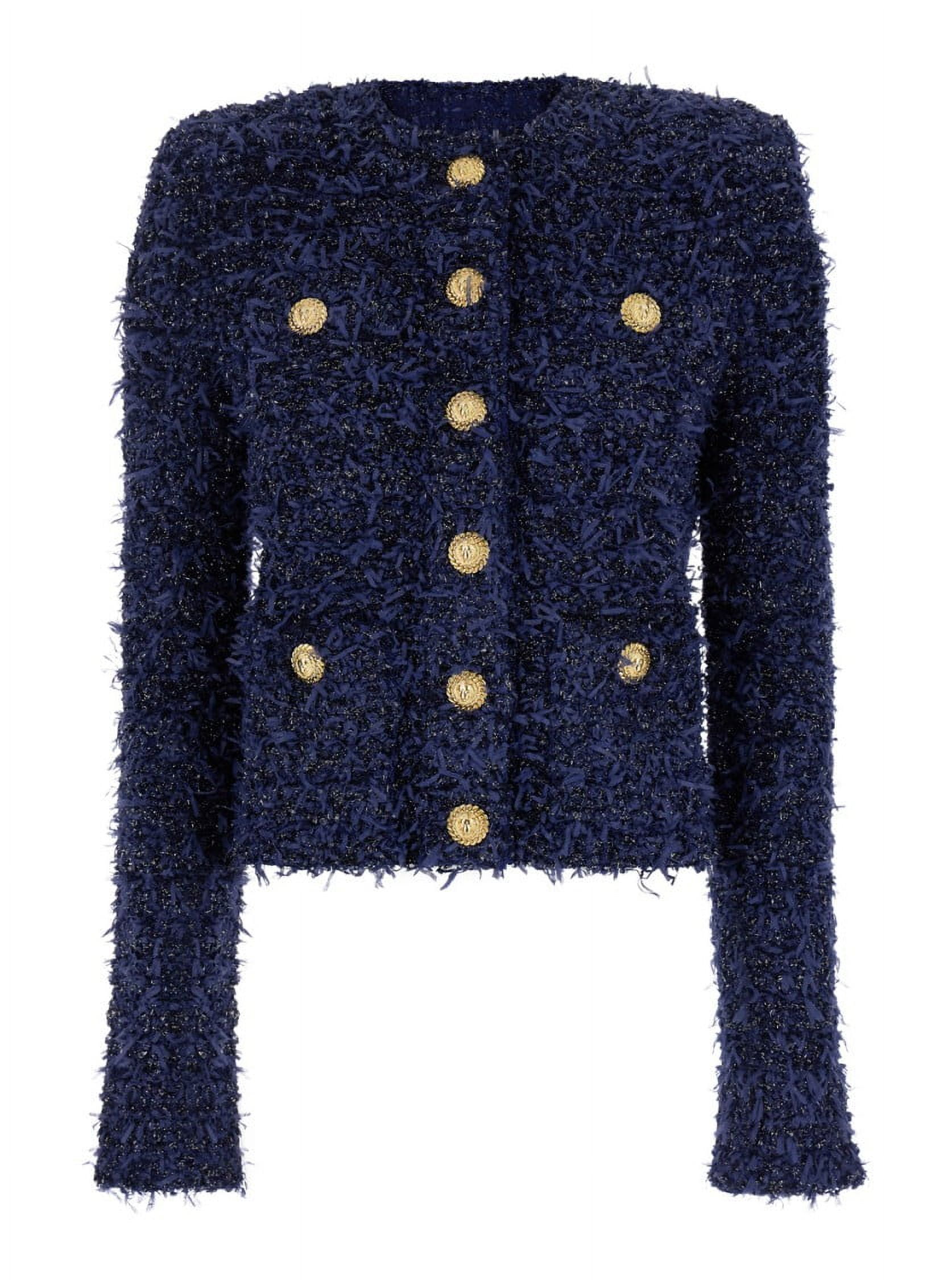 Balmain Woman Blue Collarless Jacket With Gold Buttons In Tweed Blue ...