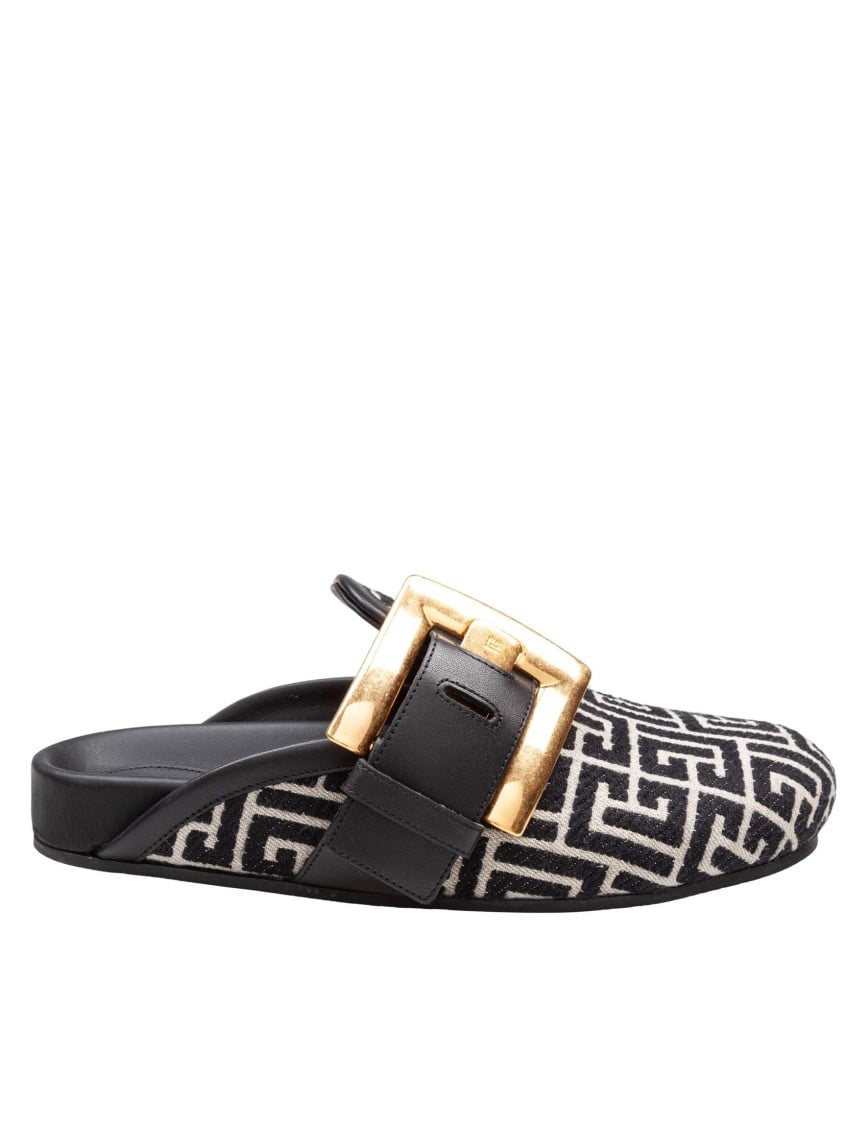 Balmain Flat Mule In Jacquard Canvas Black And Ivory Black (Women's ...