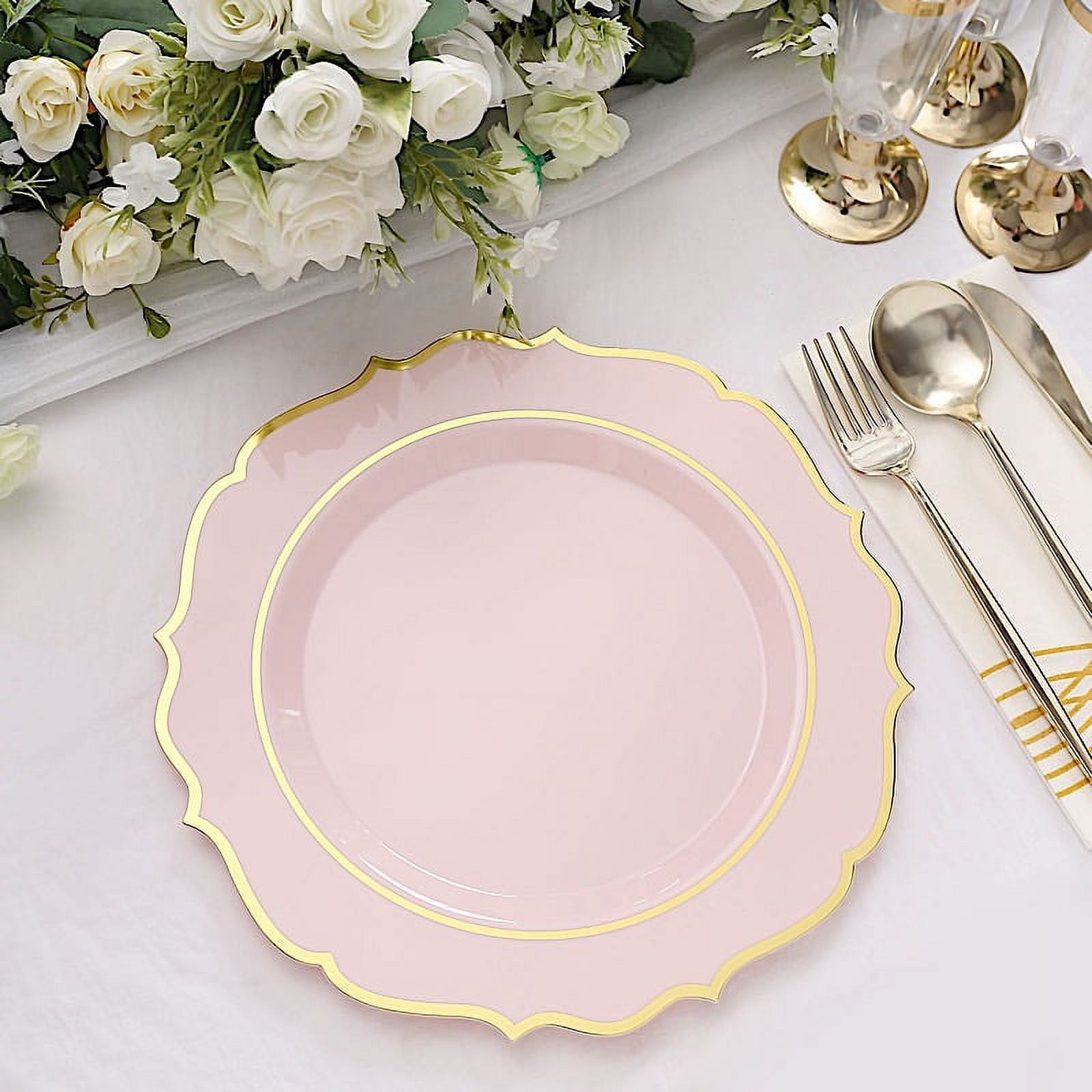 BalsaCircle 10 Blush 10.5" Round Plastic Dinner Plates Gold Scalloped ...