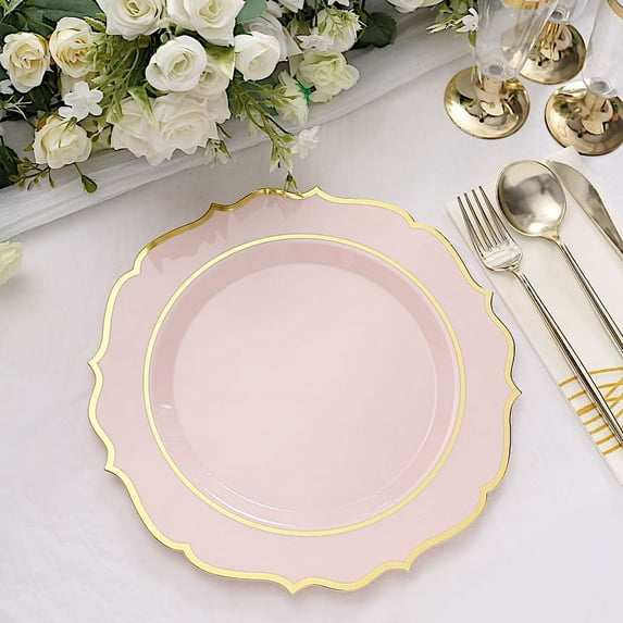 BalsaCircle 10 Blush 10.5" Round Plastic Dinner Plates Gold Scalloped ...