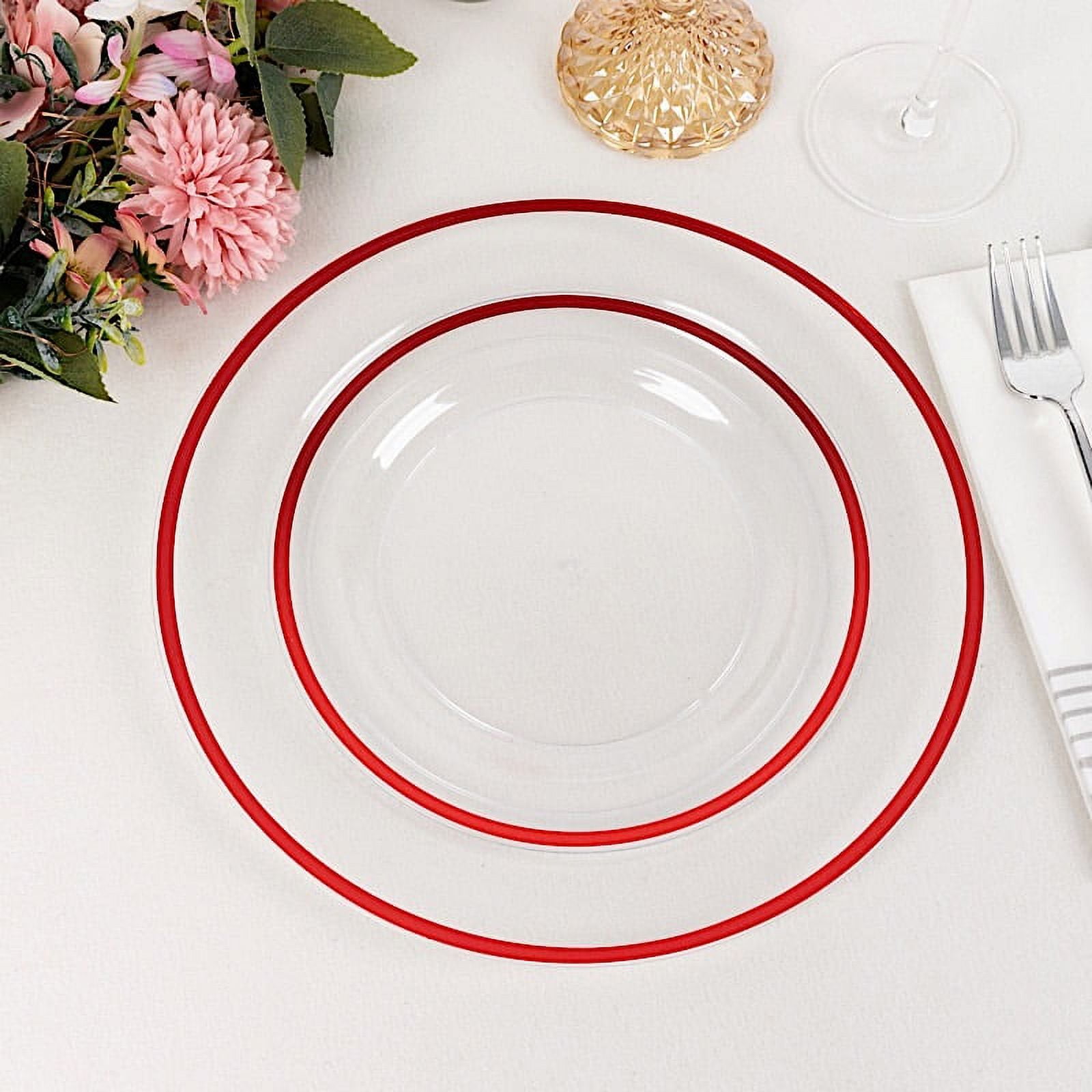 BalsaCircle 10 Clear 7" Disposable Round Plastic Dessert Plates Red Rim ...