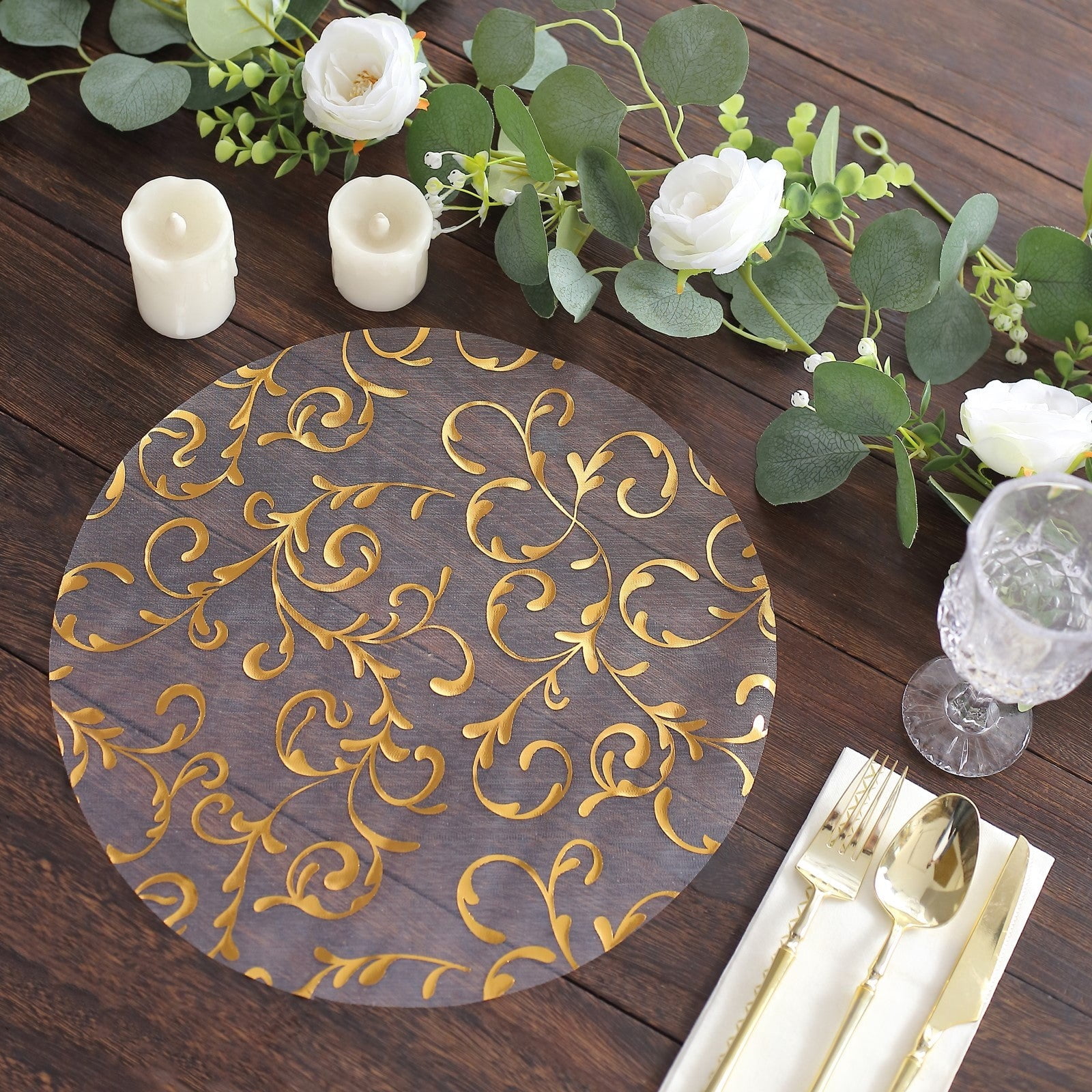 BalsaCircle 10 Metallic 13 in Gold Round Organza with Embossed Floral ...