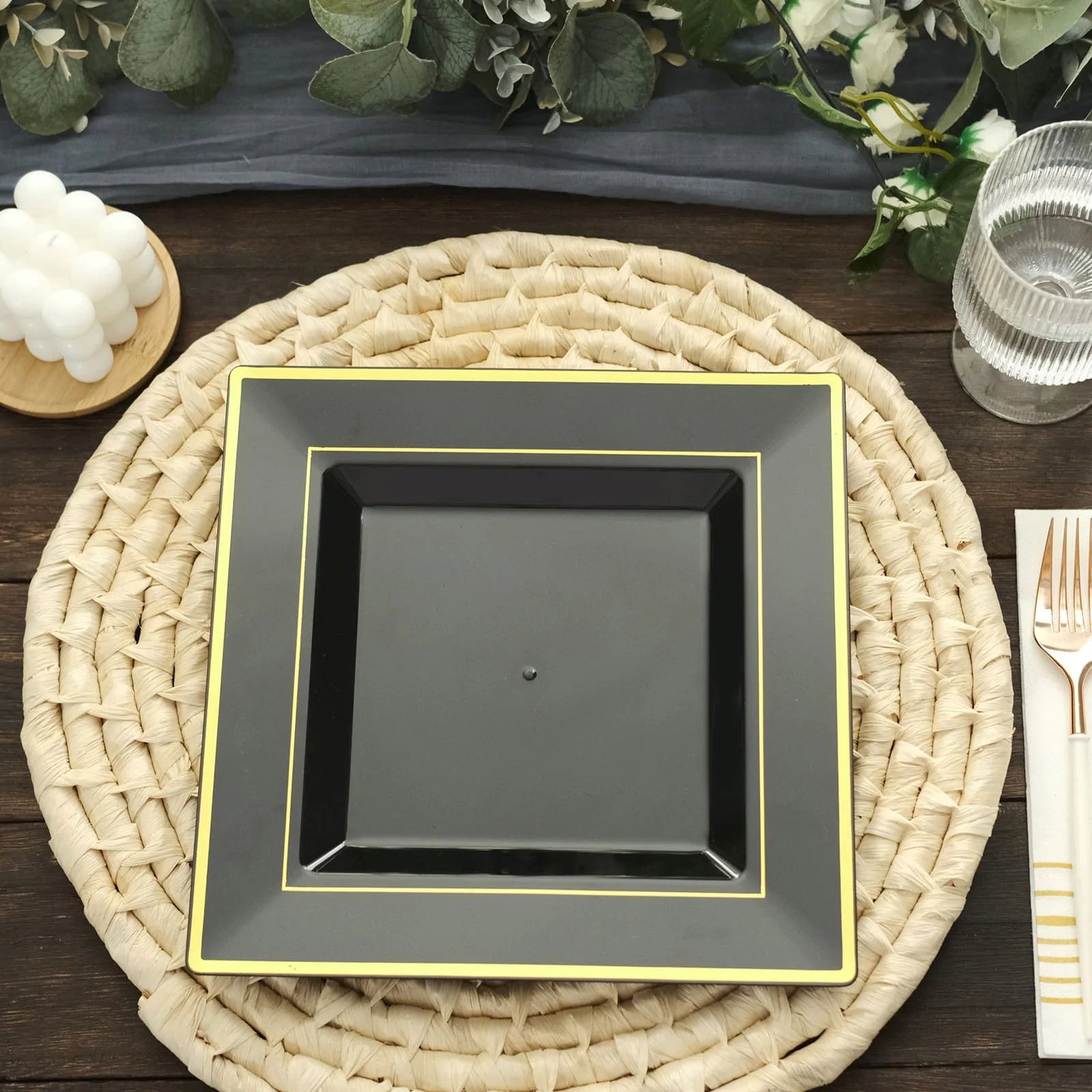 BalsaCircle 10 Pieces 10" Black Gold Trim Plastic Square Plates ...
