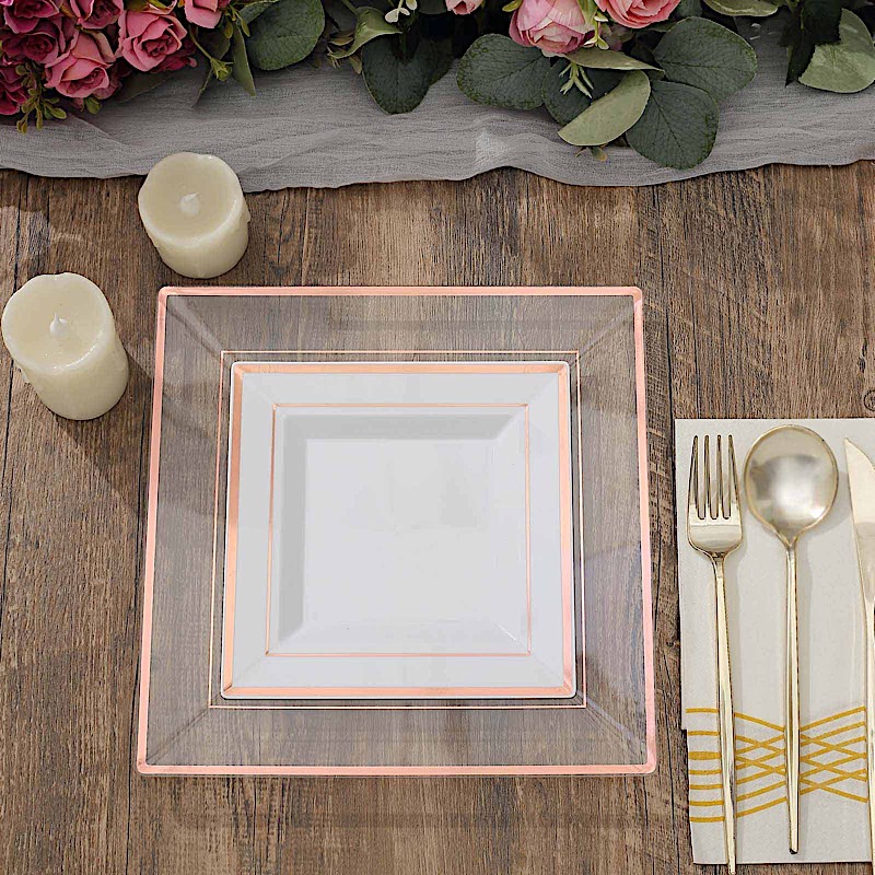 BalsaCircle 10 Pieces 7" White Rose Gold Trim Plastic Square Plates ...