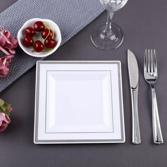 BalsaCircle 10 Pieces 7" White Silver Trim Plastic Square Plates ...