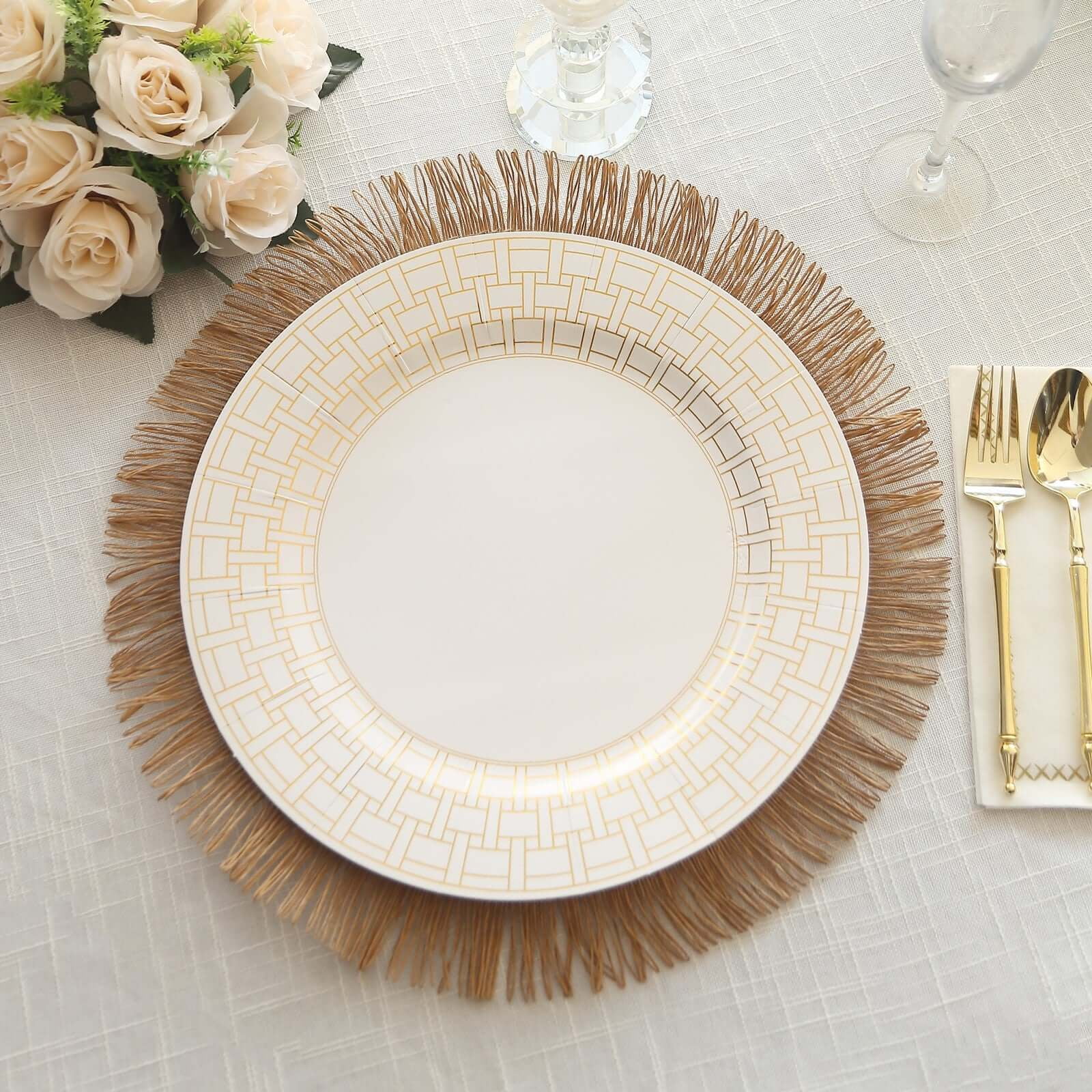 BalsaCircle 10 White Disposable Paper Charger Plates Gold Basketweave ...