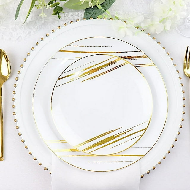 BalsaCircle 10 White Gold Round Disposable Salad Dinner Plastic Plates ...