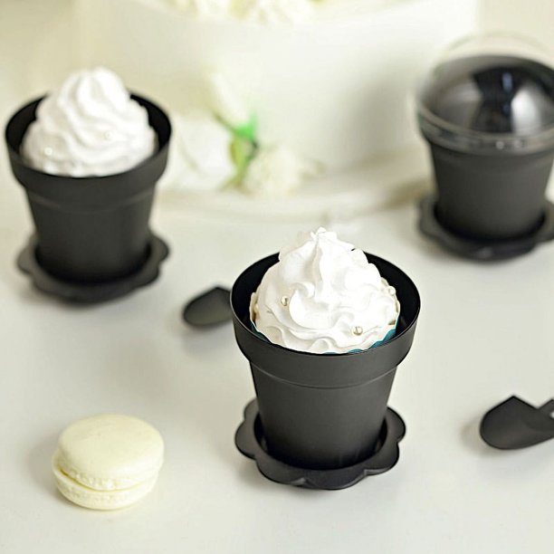 BalsaCircle 12 Black Mini Flower Pots Dessert Cups Lid Shovel Spoon ...