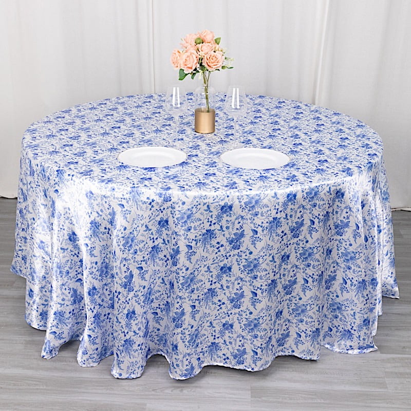 BalsaCircle 120 in White Satin Round Tablecloth Blue Floral Print Party ...