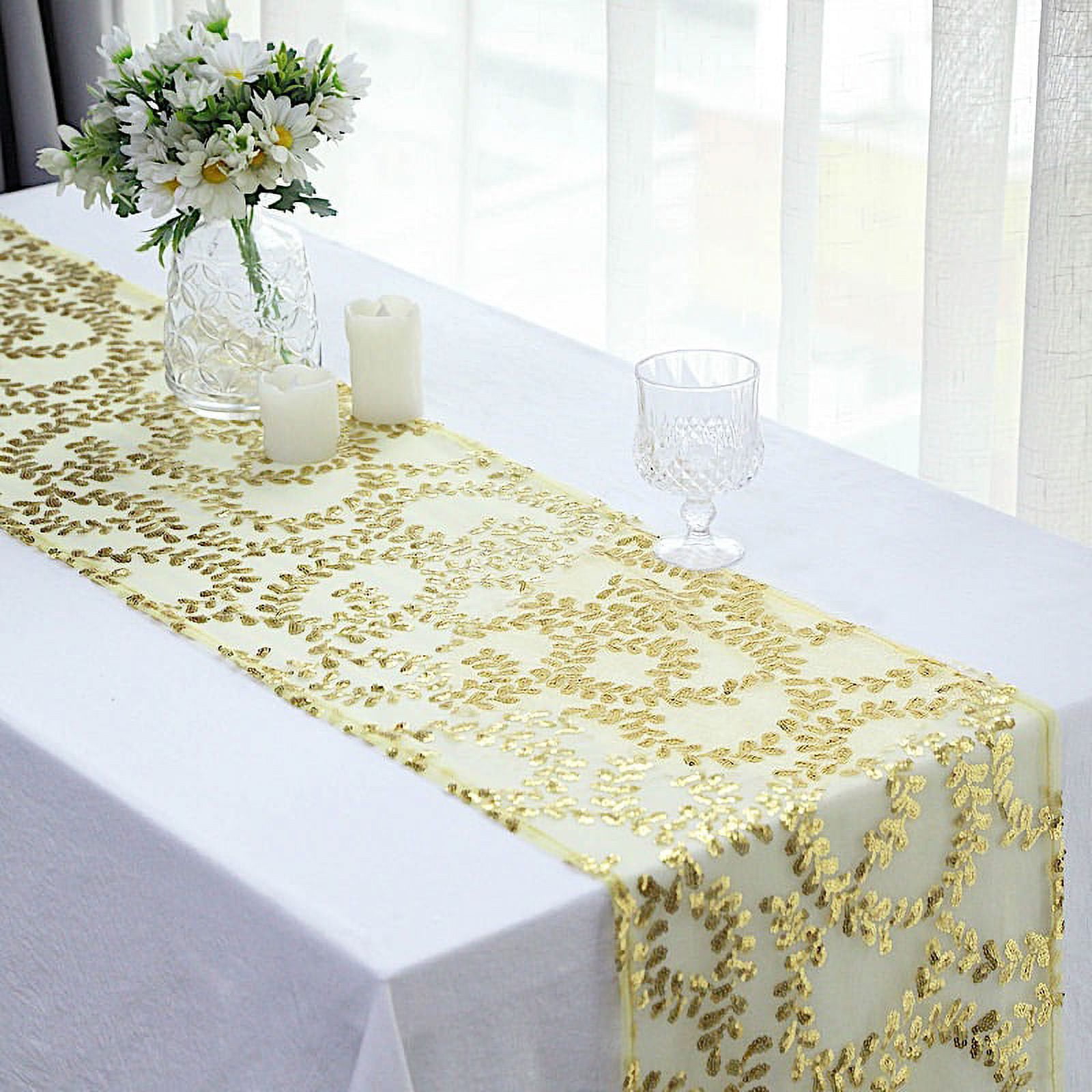 BalsaCircle 12x108" Gold Tulle Embroidered Leaves Vines Sequins Table ...