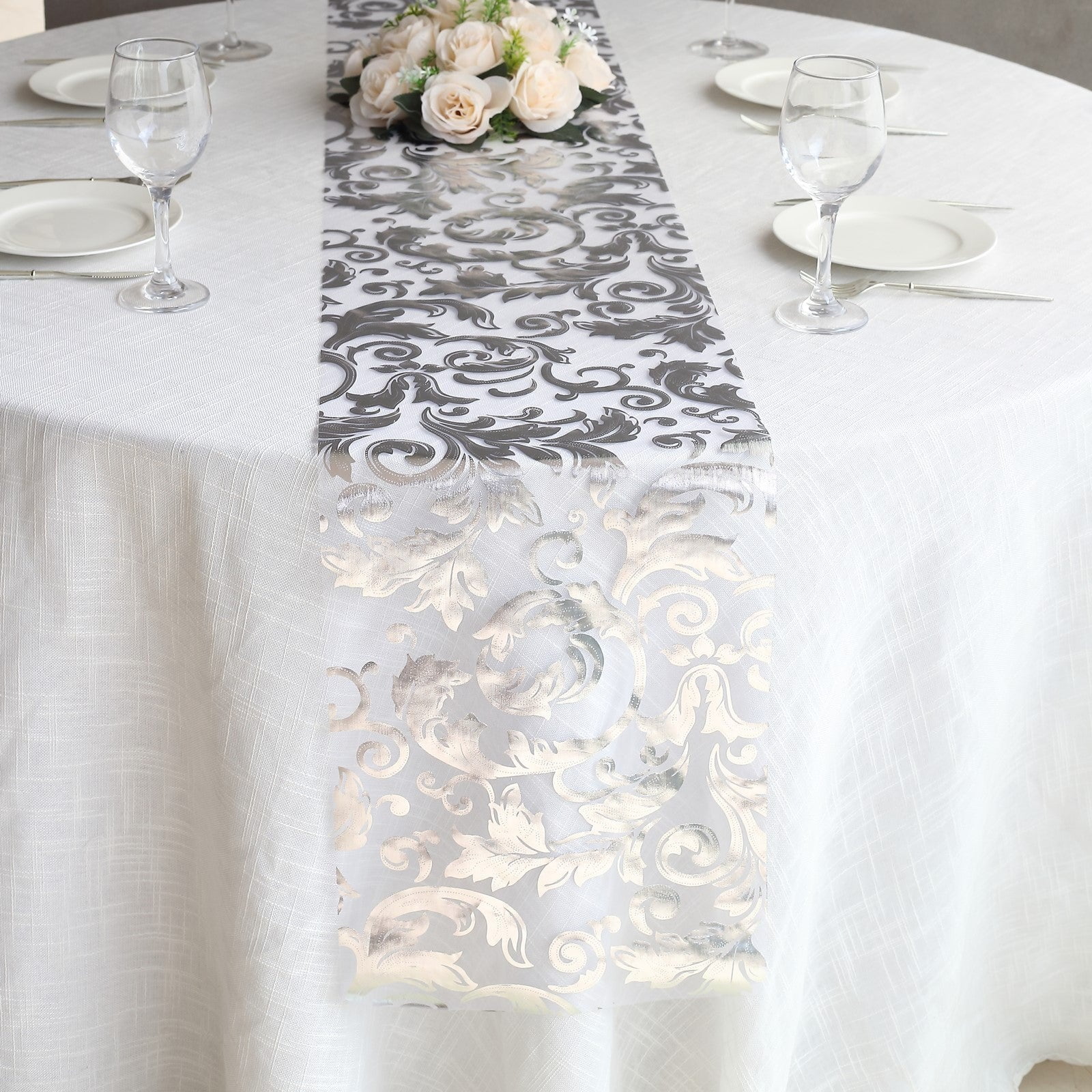 BalsaCircle 12x108 in Silver Sheer Organza Table Runner with Embossed ...