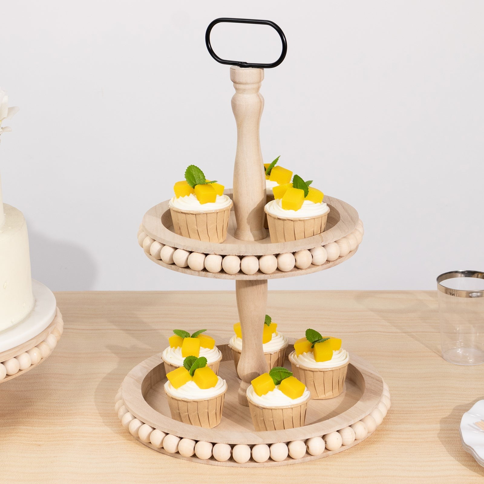 BalsaCircle 2-Tier Natural 17 in Beaded Wooden Serving Tray Stand With ...