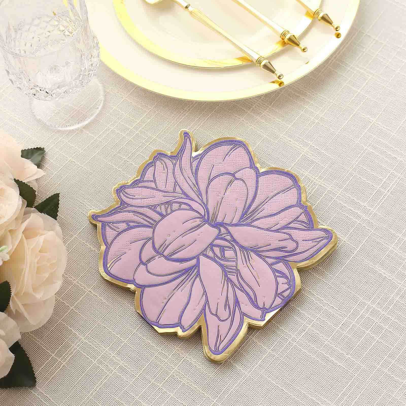 BalsaCircle 20 Purple Peony Flower Shaped Paper Beverage Napkins Gold ...