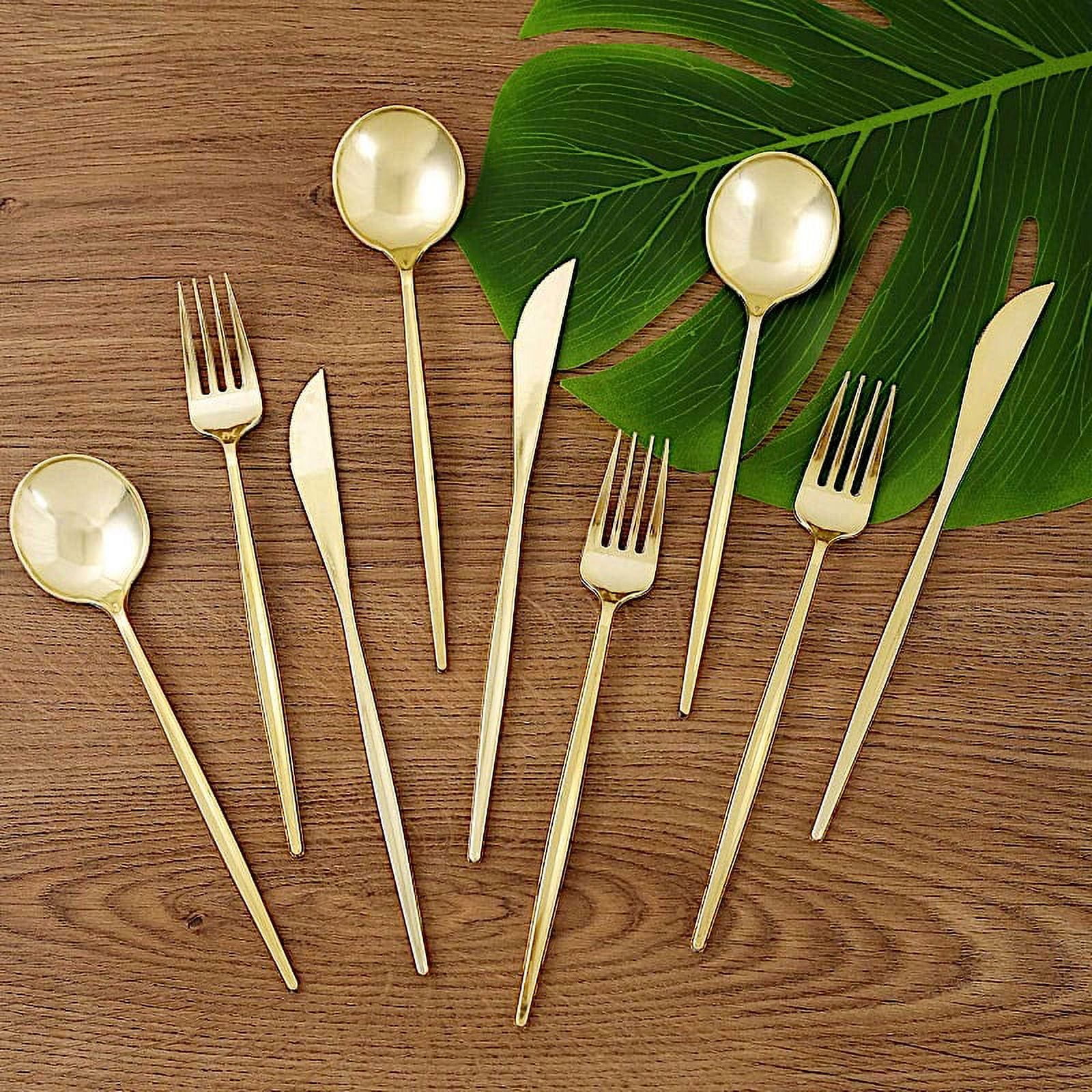 BalsaCircle 24 Gold Disposable Premium Plastic Cutlery Spoon Fork Knife ...