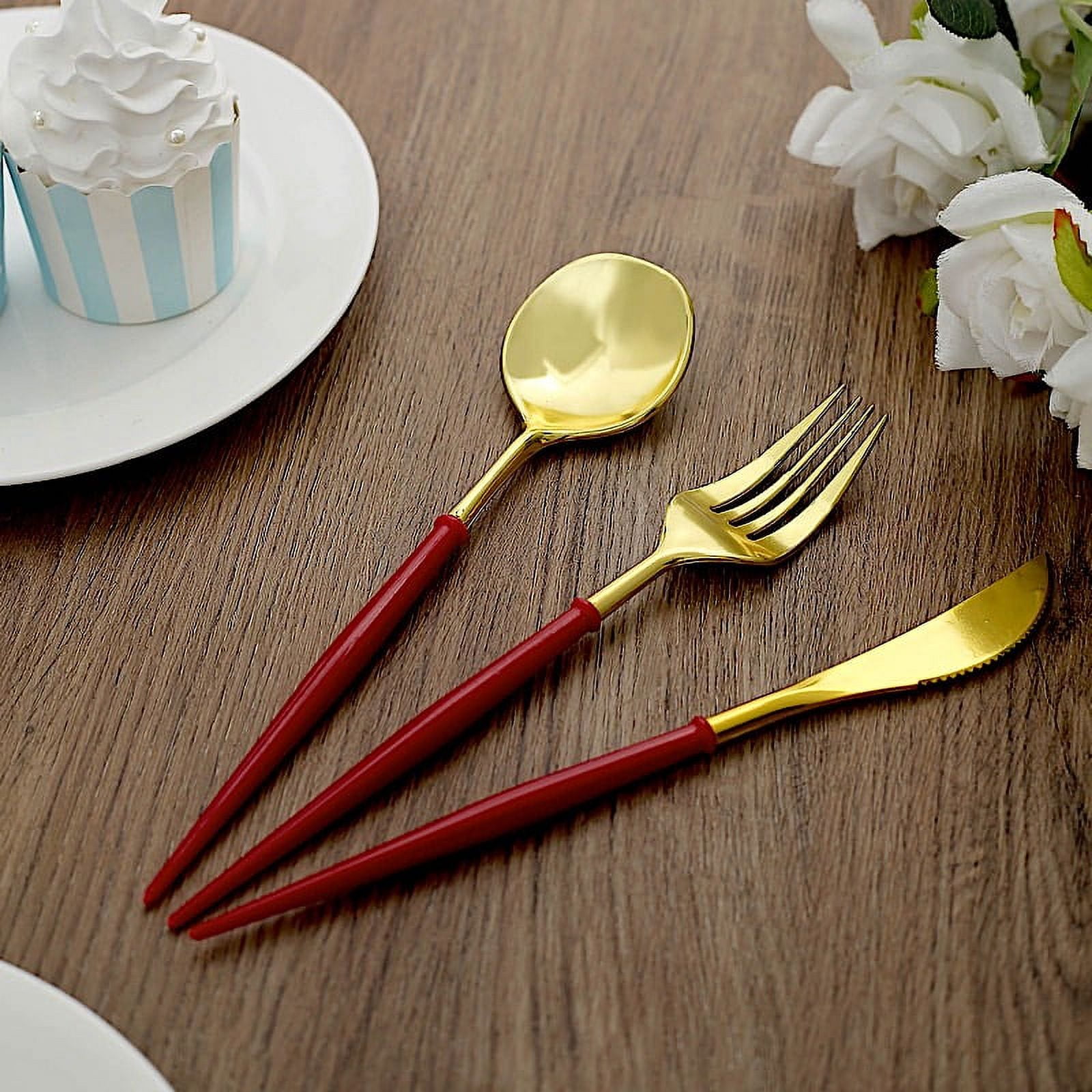 Balsa Circle 24 Gold Red Disposable Plastic Cutlery Spoon Fork Knife ...