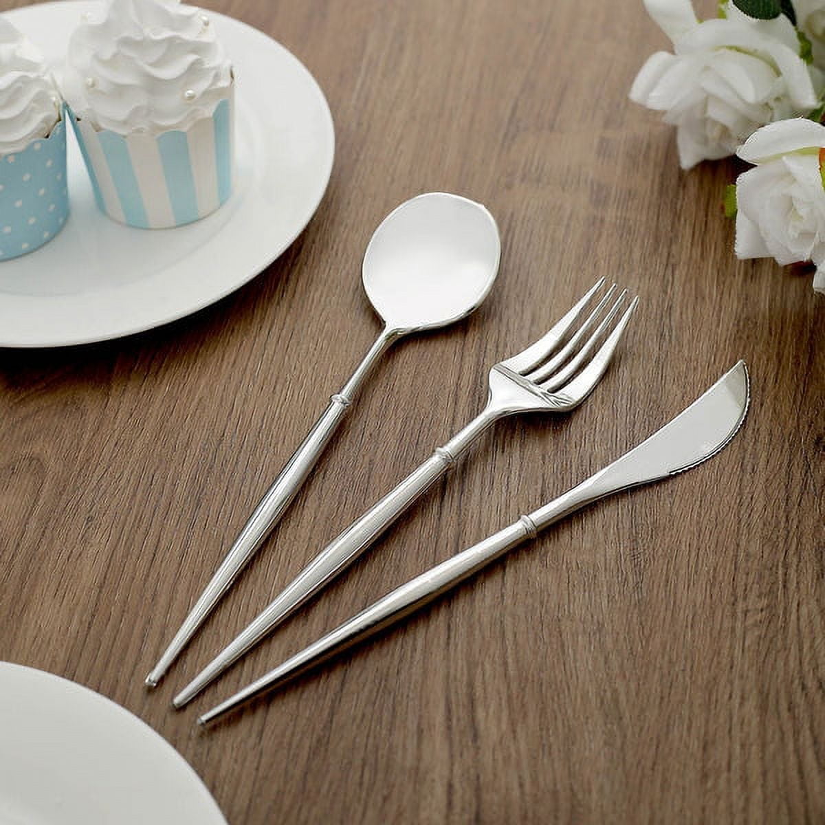 BalsaCircle 24 Silver Disposable Plastic Cutlery Spoon Fork Knife Set ...
