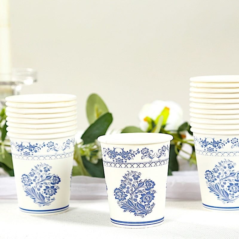 Balsa Circle 24 White 9 oz Royal Blue Floral Design Disposable Paper ...