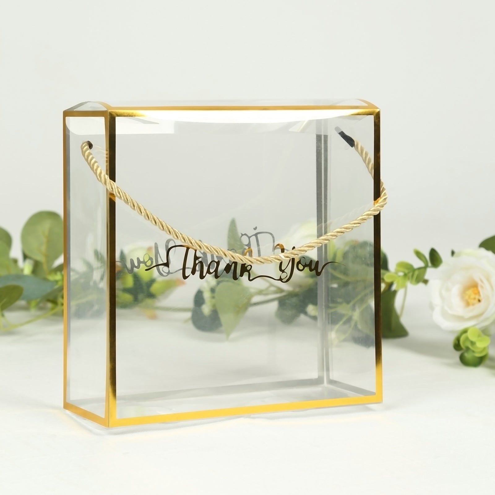 BalsaCircle 25 Gold and Clear 8x8 in PVC Favor Boxes with Rope Handles ...