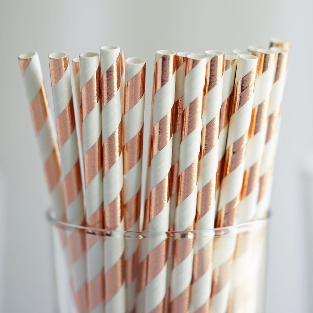BalsaCircle 25 Pieces 8" Rose Gold White Striped Paper Straws ...