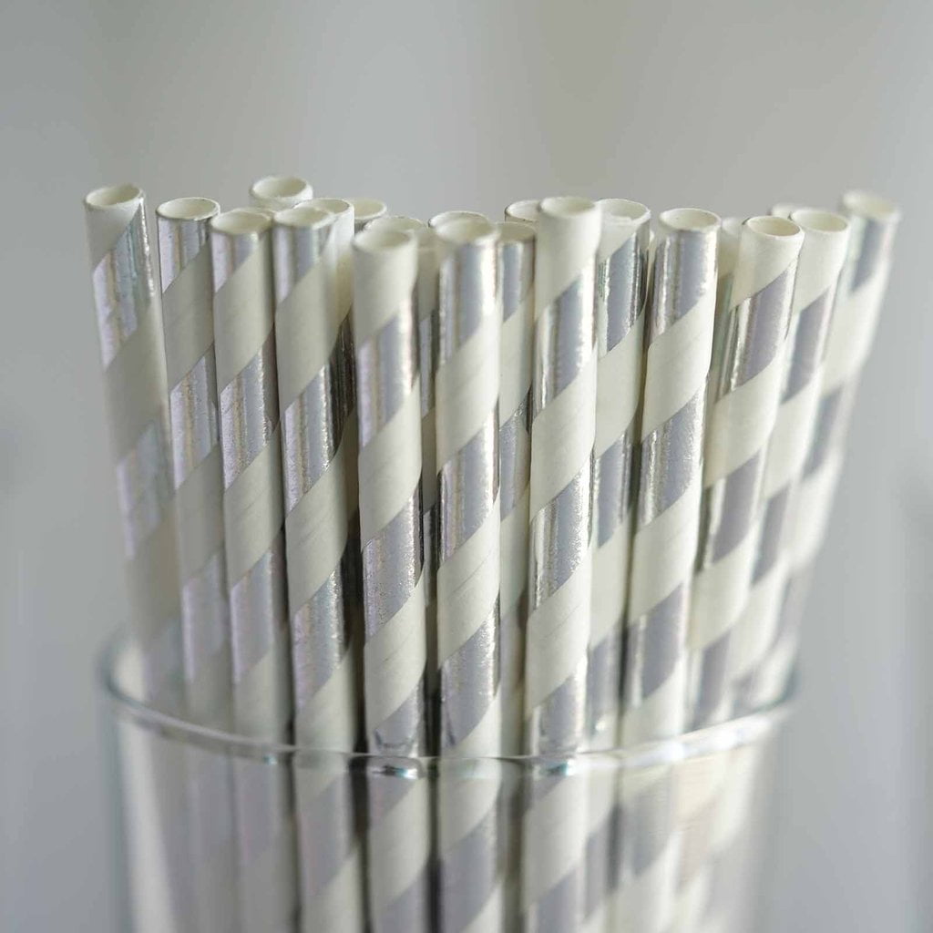 BalsaCircle 25 Pieces 8" Silver White Striped Paper Straws Disposable ...