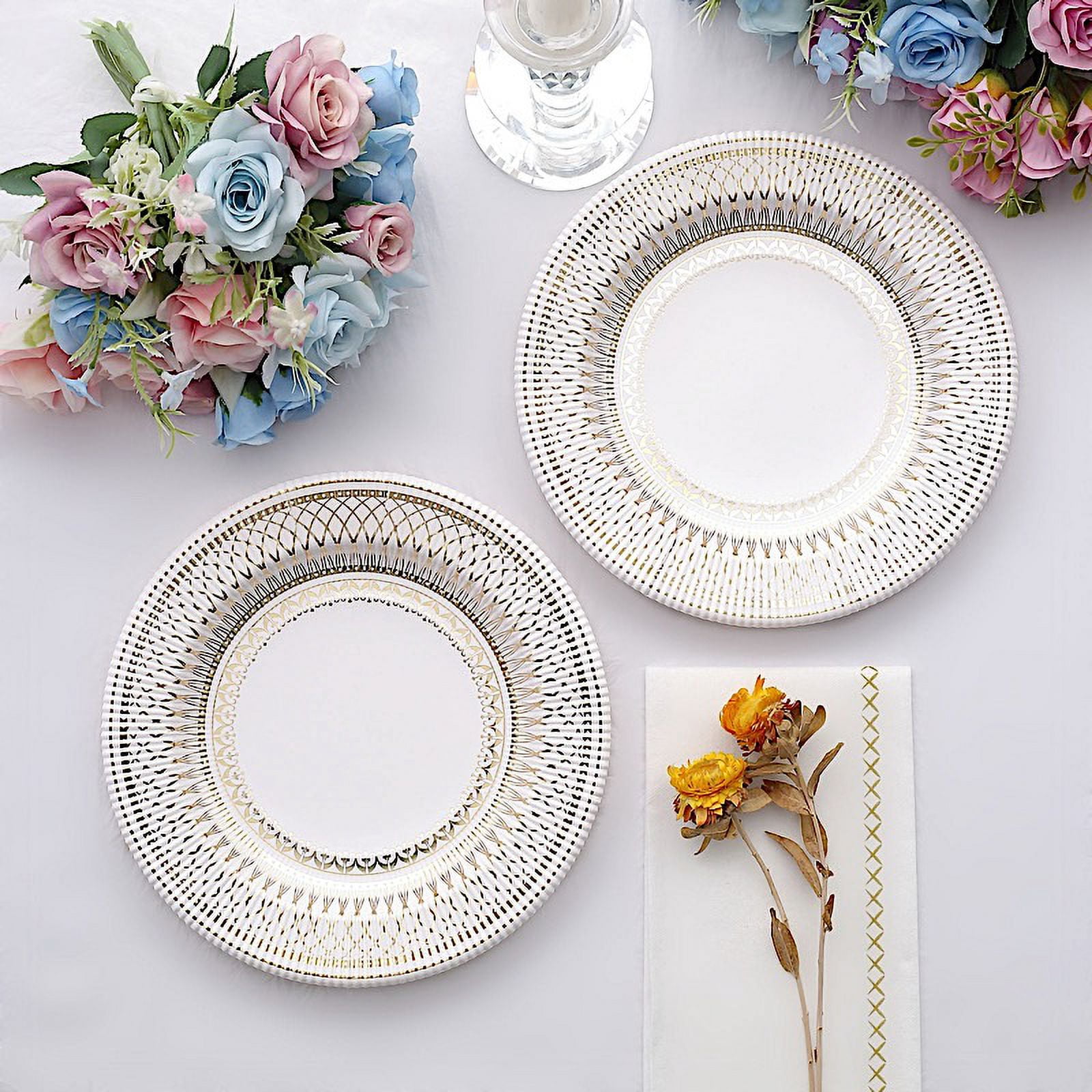 Balsa Circle 25 White 8" Round Disposable Paper Plates Gold Porcelain ...