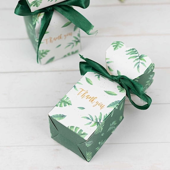 BalsaCircle 25 White Leaves Print Favor Gift Boxes with Green Satin ...
