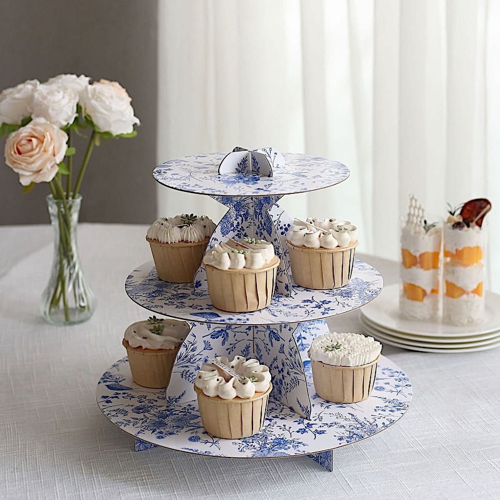 Balsa Circle 3 Blue Tiers Floral Print 11" Cake Cupcake Stand Party ...