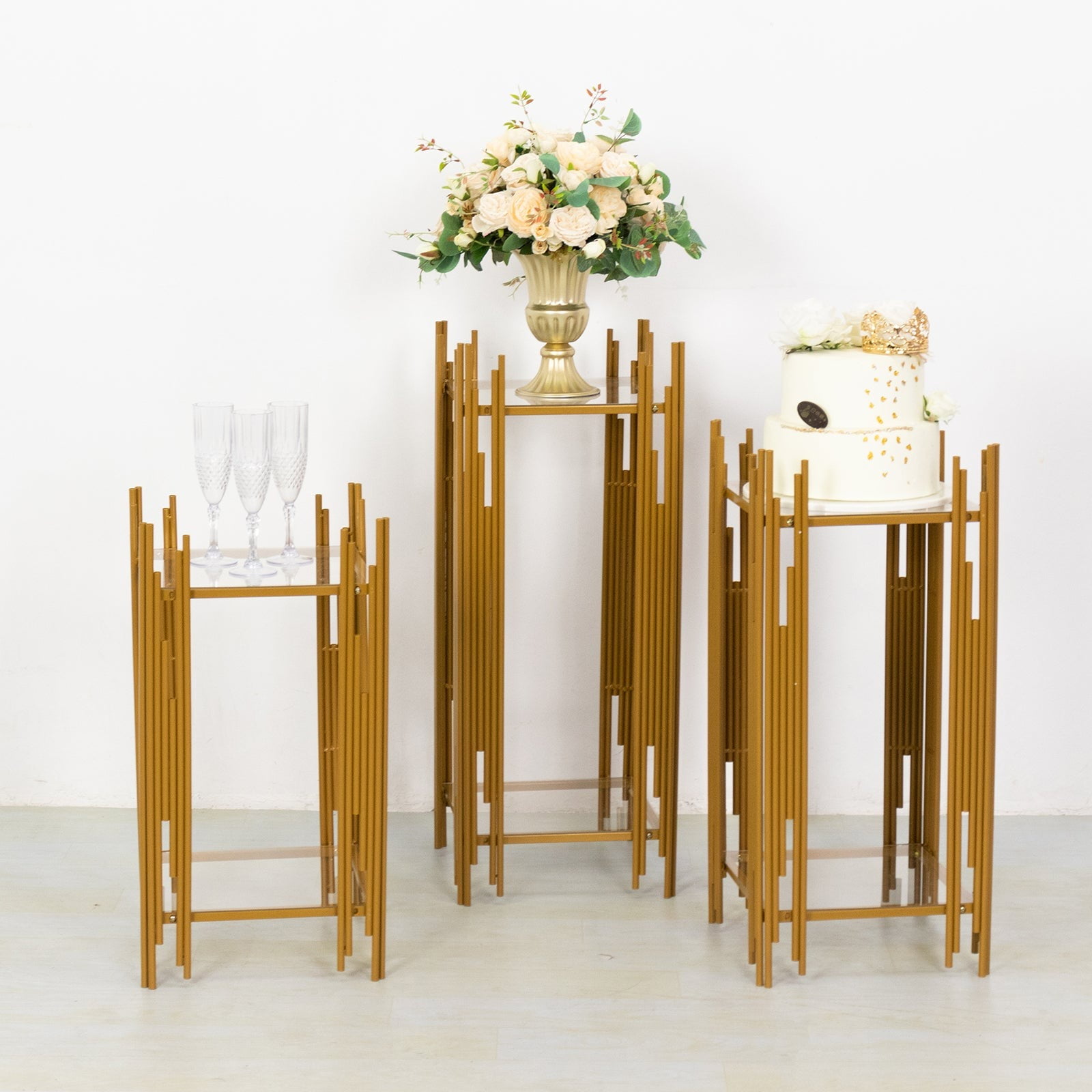 BalsaCircle 3 Gold Metal Plinths Flower Display Stands with Square ...