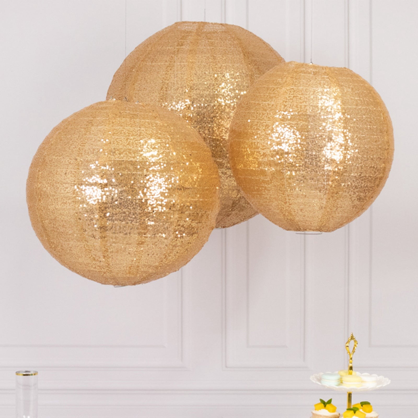 Balsa Circle 3 Gold Hanging Lanterns Decorative Round Shimmer Sequin ...
