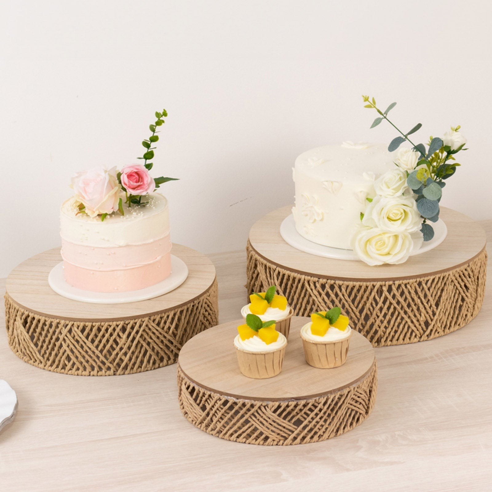 BalsaCircle 3 Natural Pedestal Cake Stands Jute Rattan with Wooden Top ...