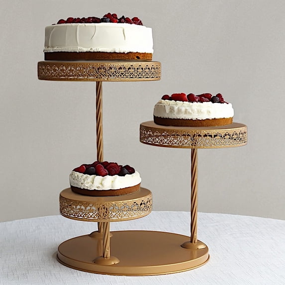 BalsaCircle 3-Tier Gold Metal Round Hollow Lace Design Pedestal Cake ...