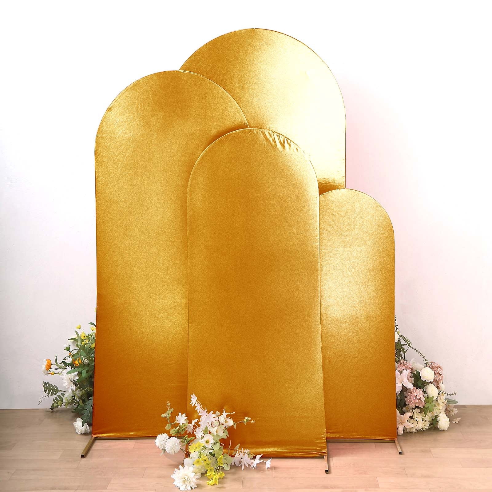 BalsaCircle 4 Gold Fitted Metallic Spandex Round Top Wedding Arch ...