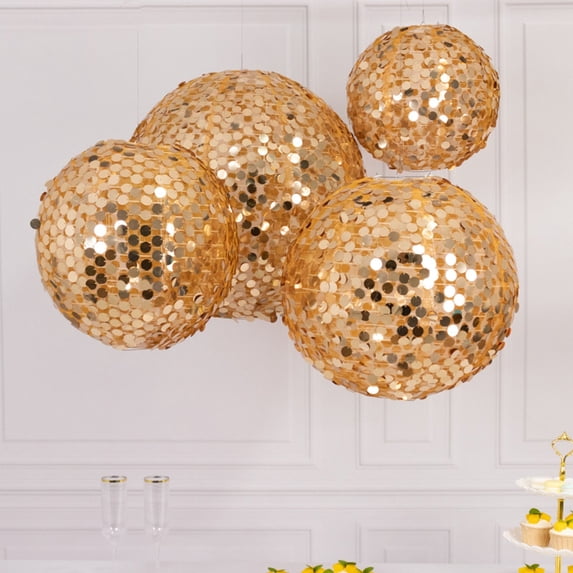 BalsaCircle 4 Gold Round Shimmer Payette Sequin Hanging Lanterns Party ...