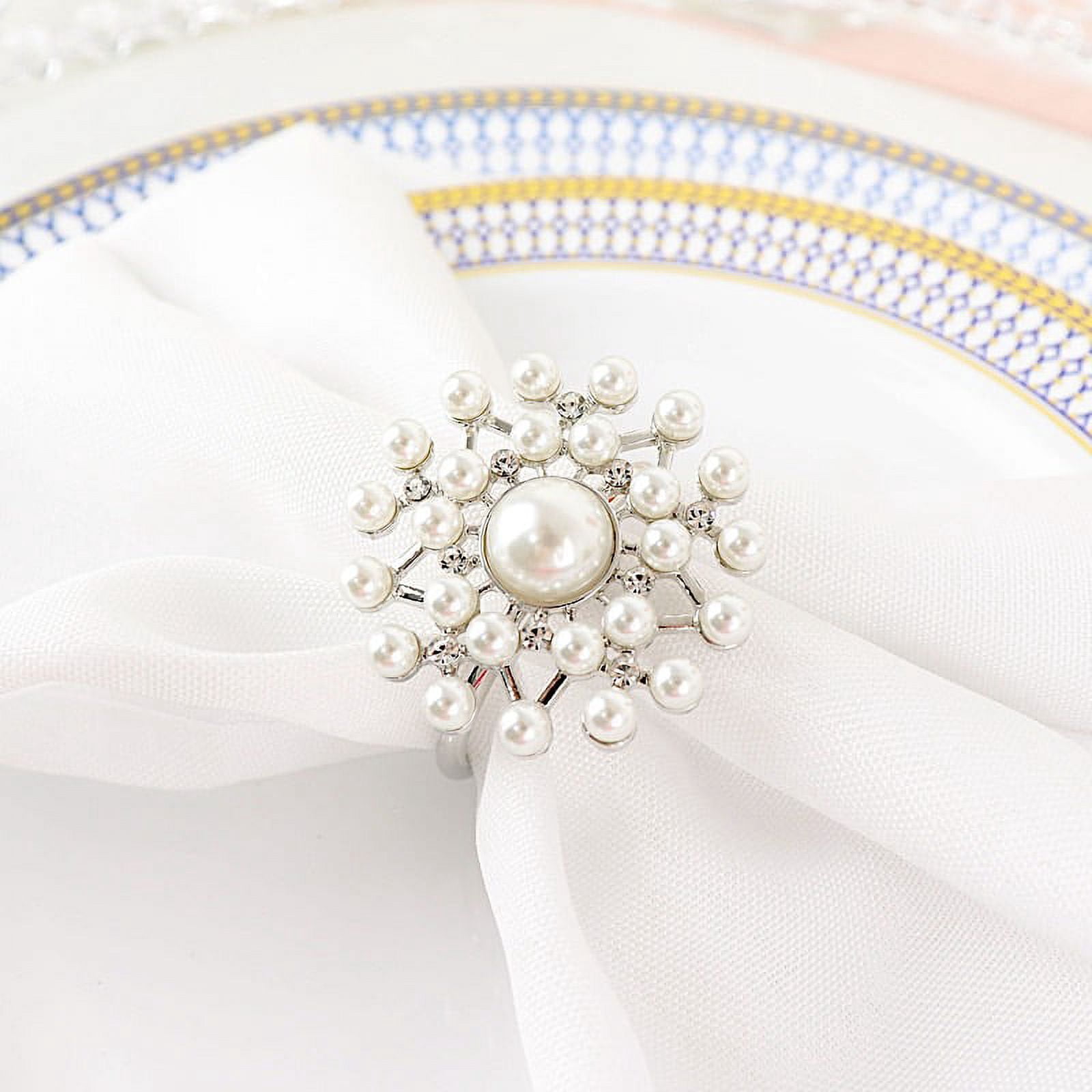 Balsa Circle 4 Silver White Round Metal Dinner Napkin Rings Faux Pearls ...