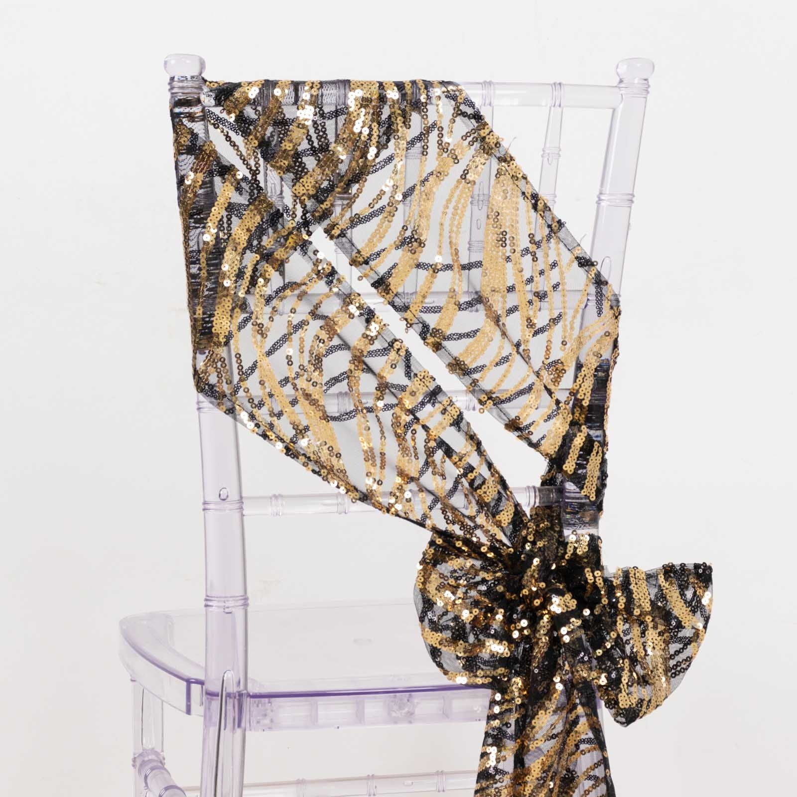 BalsaCircle 5 Black Gold Wave Mesh Chair Sashes Embroidered Sequins ...