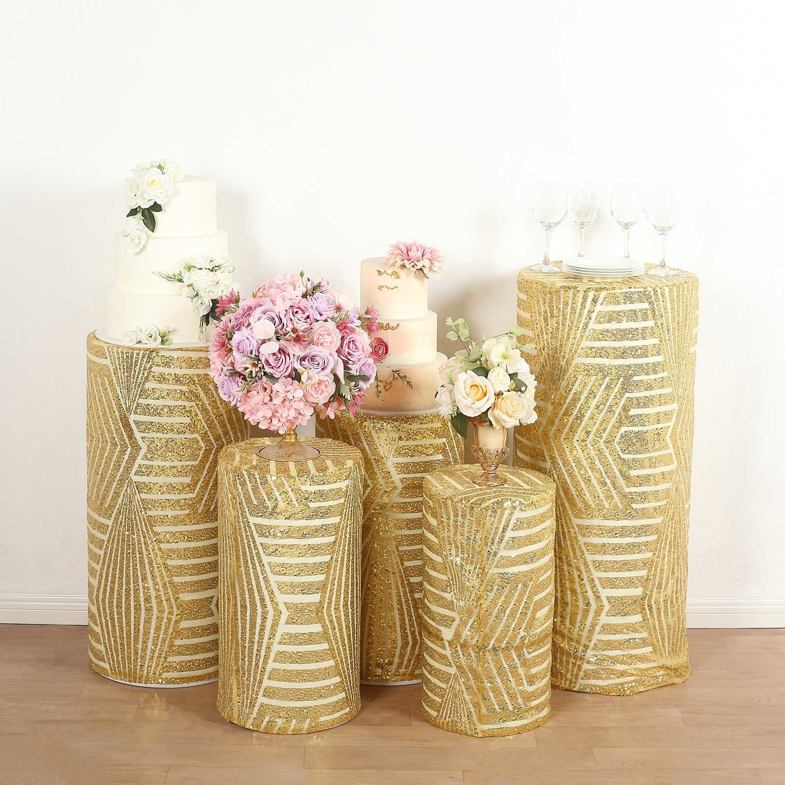 BalsaCircle 5 Gold Cylinder Pedestal Geometric Sequins Display Stand ...